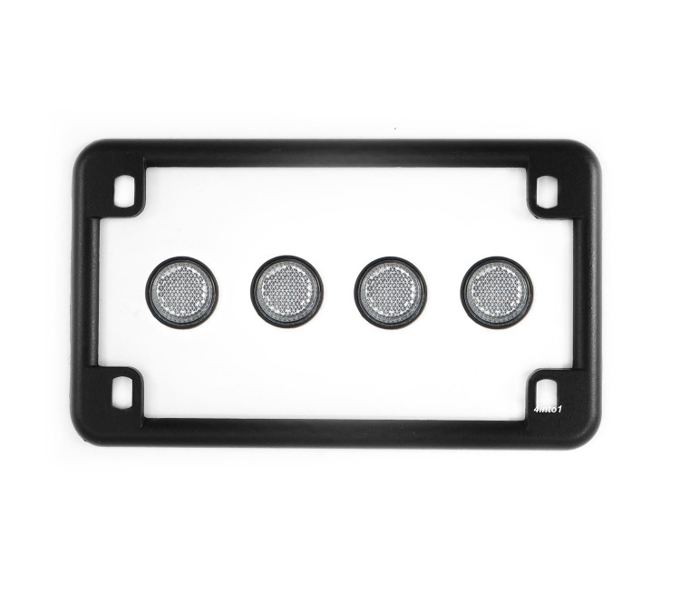 Gloss Black License Plate Frame w/ 4 Clear Reflector Bolts Set