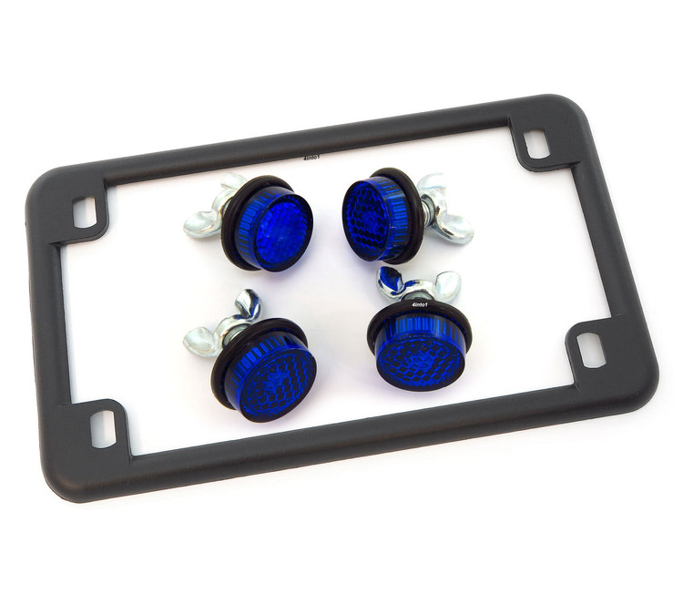 Matte Black License Plate Frame w/ 4 Blue Reflector Bolts Set