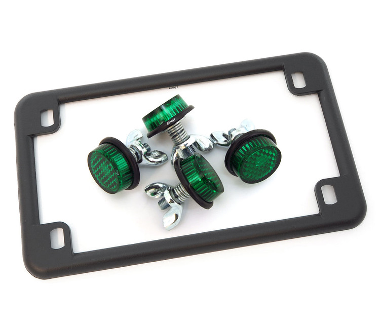 Matte Black License Plate Frame w/ 4 Green Reflector Bolts Set