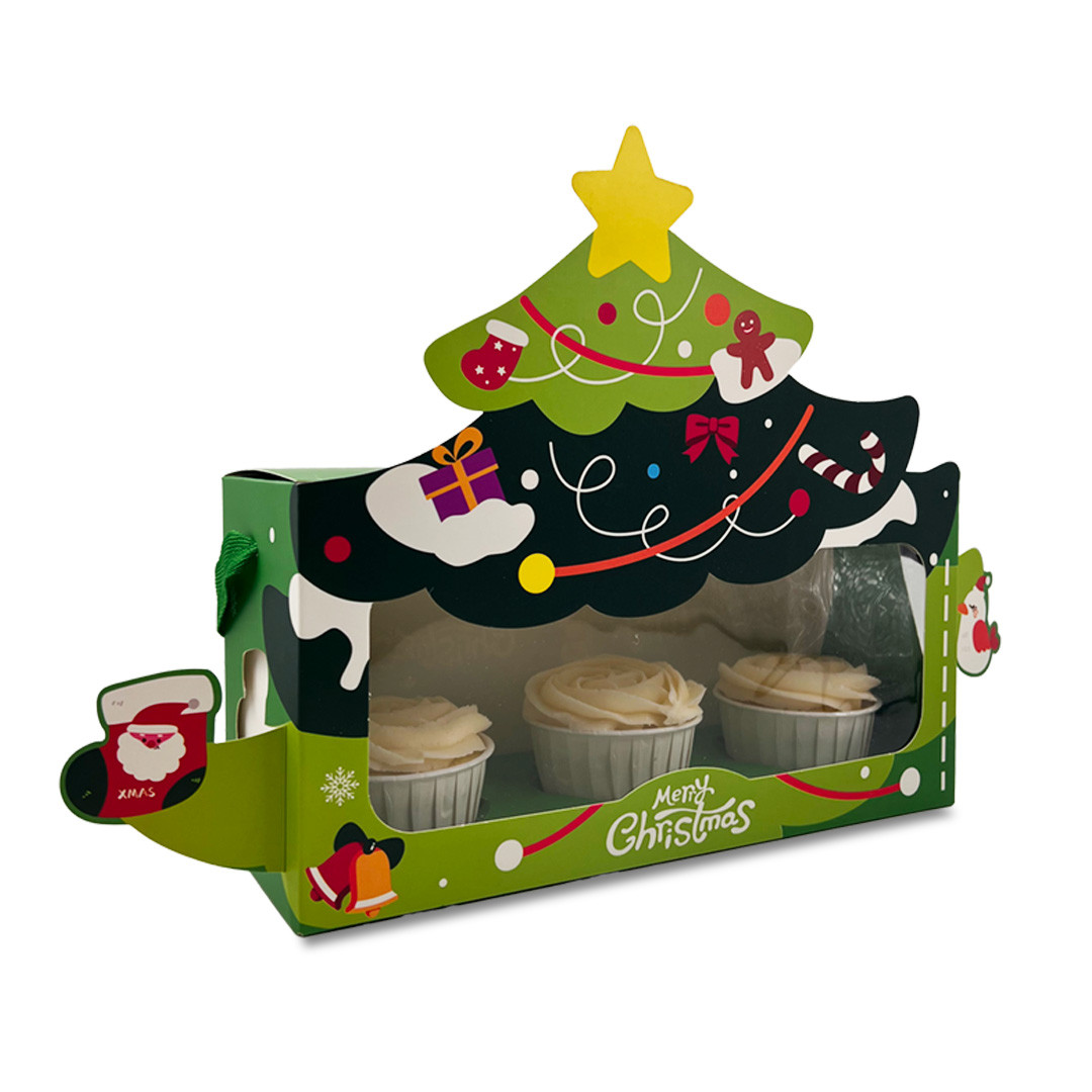 Christmas Tree Cupcake Box - Holds 3
