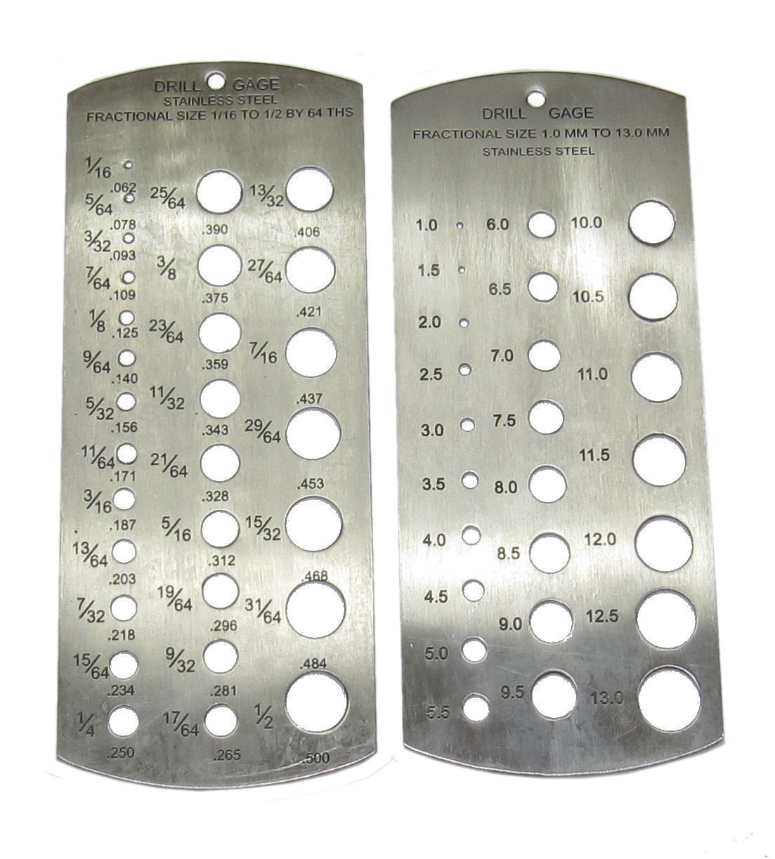 A set of two drill gauges metric and imperial used to determine drill ...