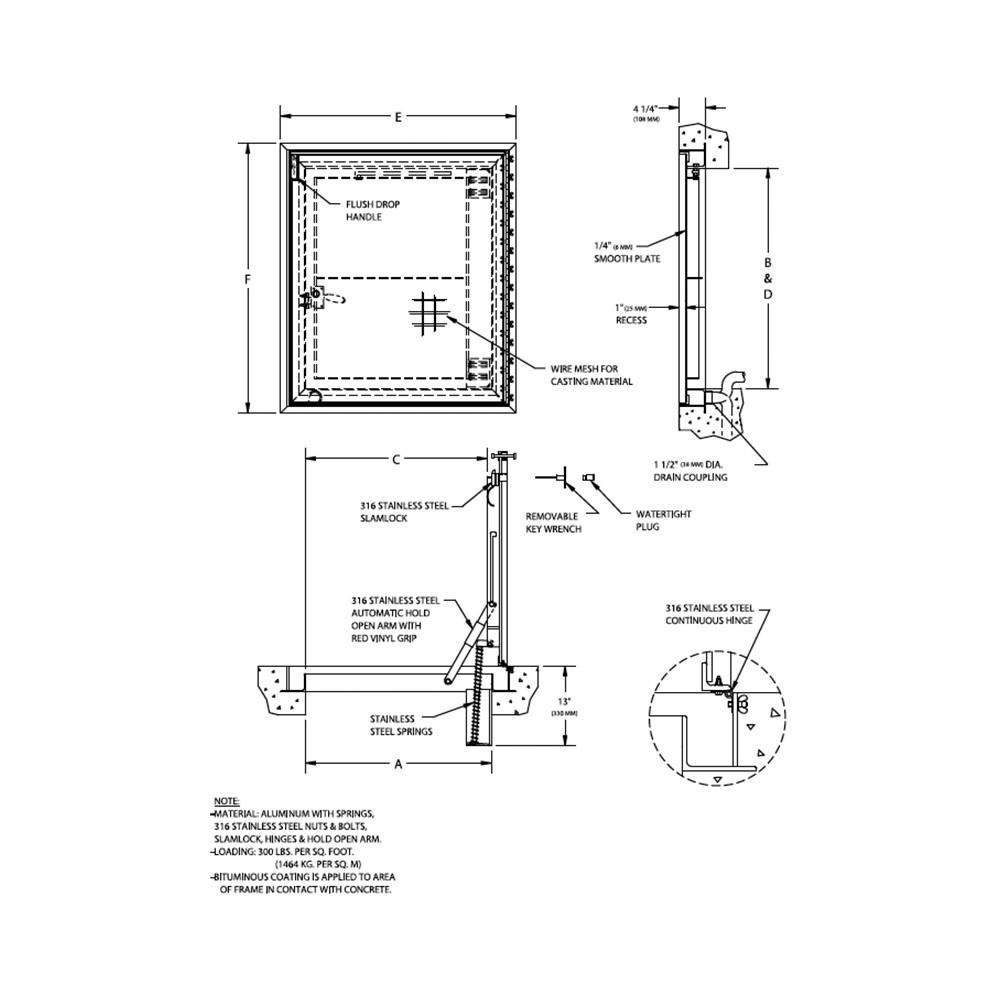 Hinged Floor Hatch Recessed 1" for Concrete 48"x48": Durable