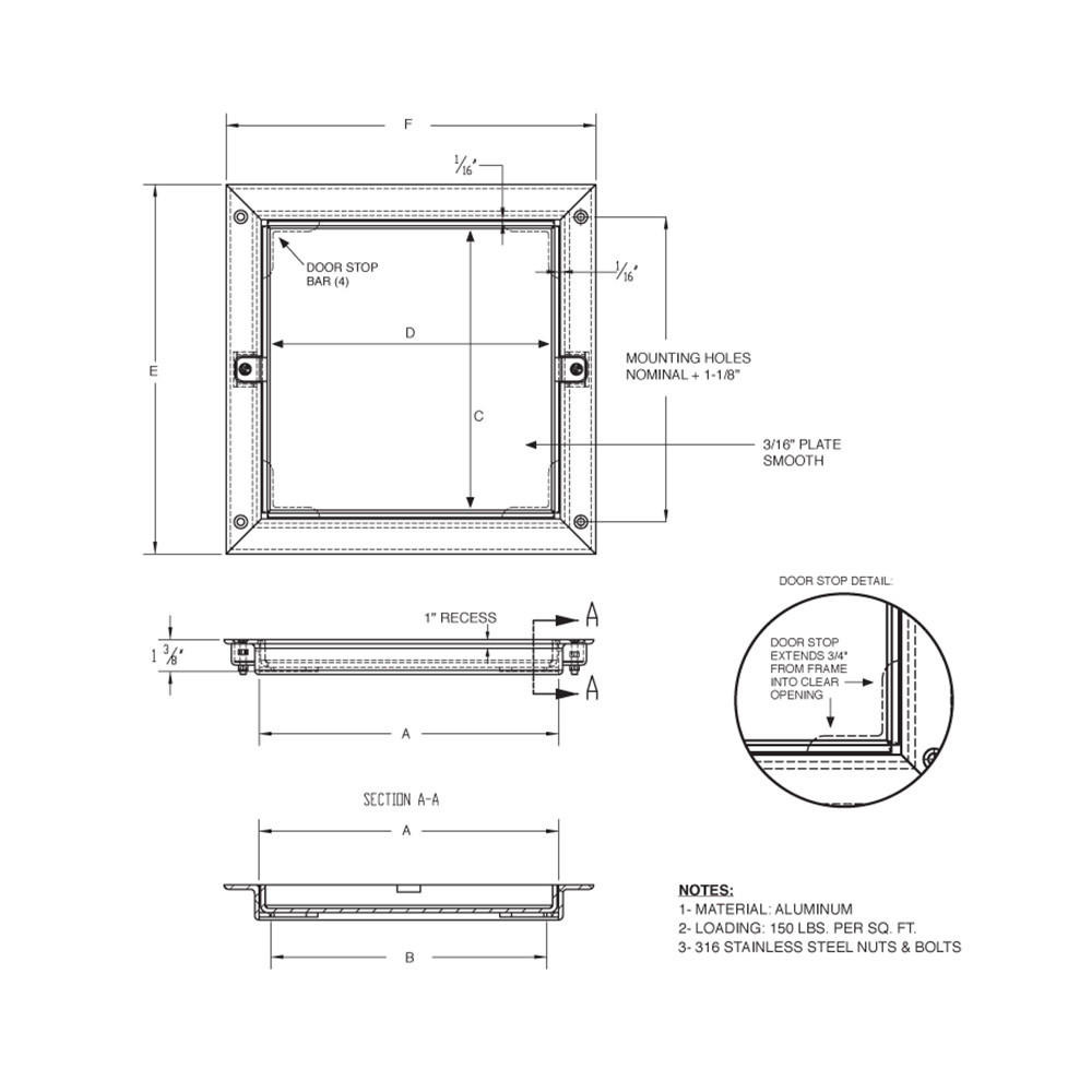 Removable Floor Hatch Recessed 1" for Ceramic Tile 12"x12"
