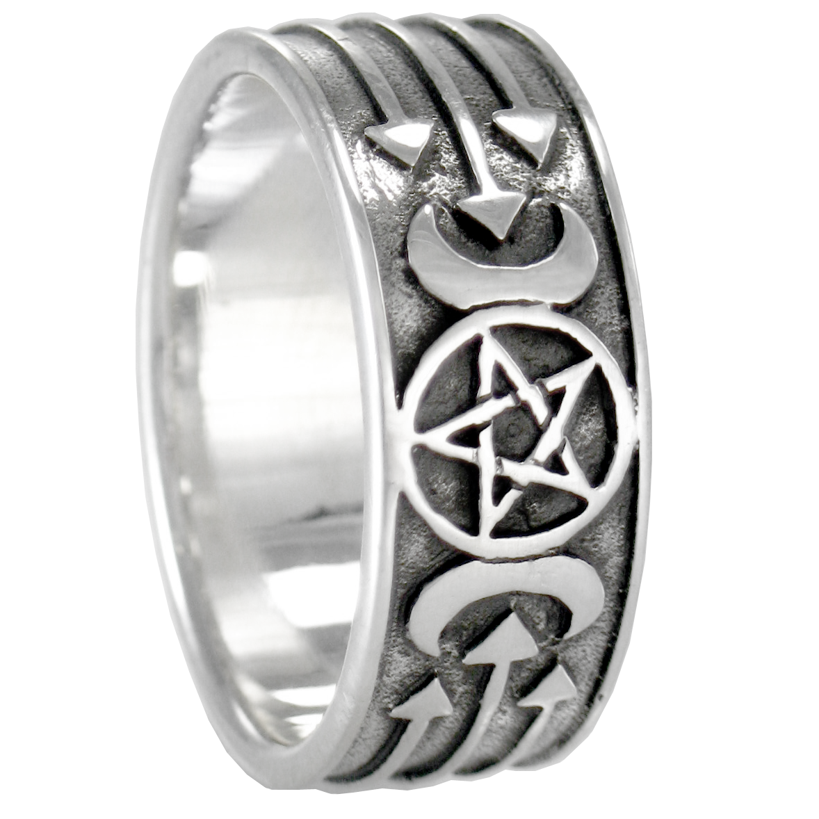 Silver Triple Moon lunar Goddess Pagan Wiccan Pentacle Ring