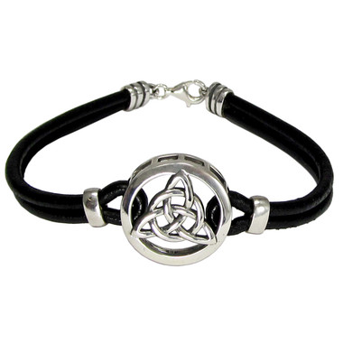 Sterling Silver Celtic Knot Triquetra Bracelet with Genuine Leather Strap