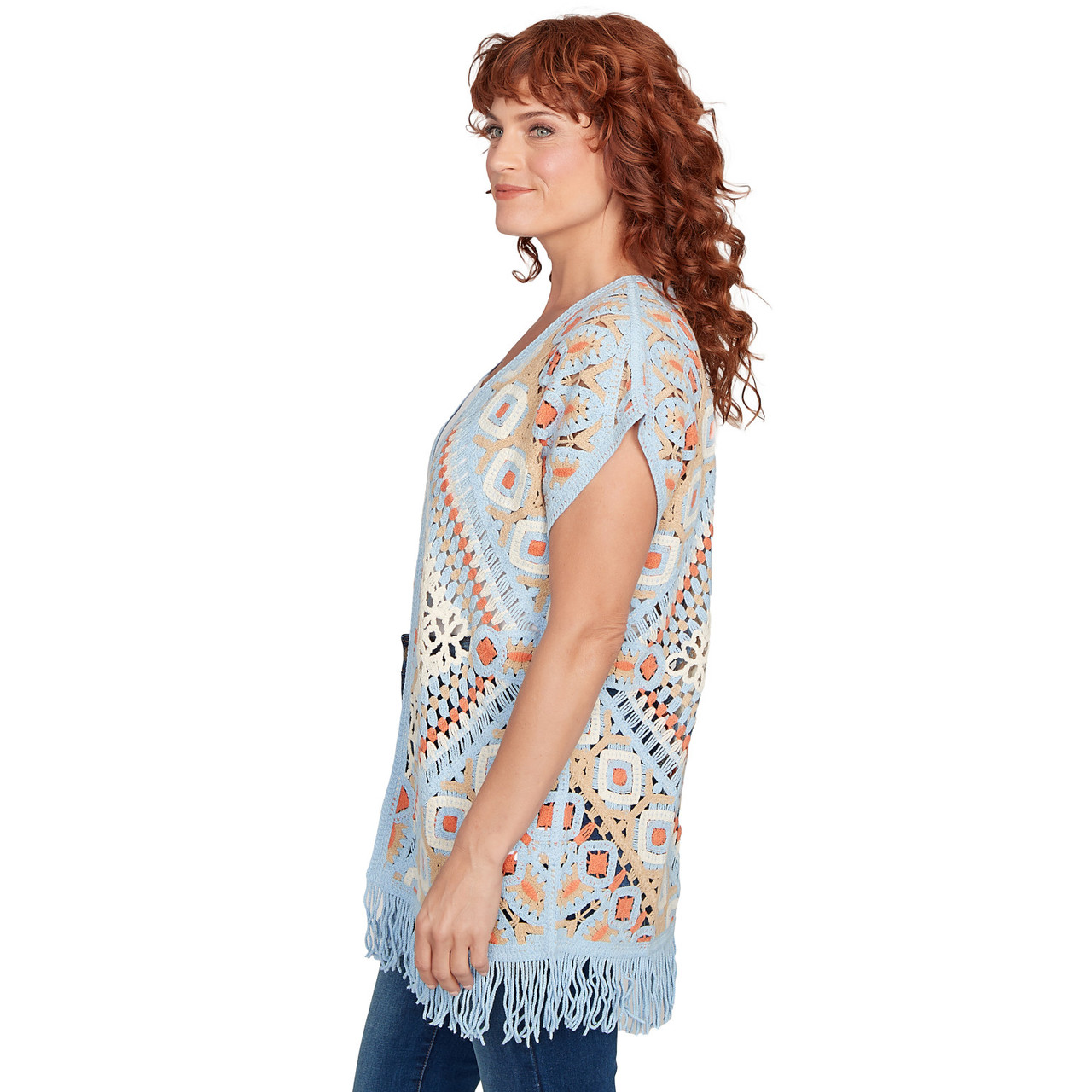 Petite Women's Crochet Fringe Short Sleeve Cardigan | Ruby Rd.