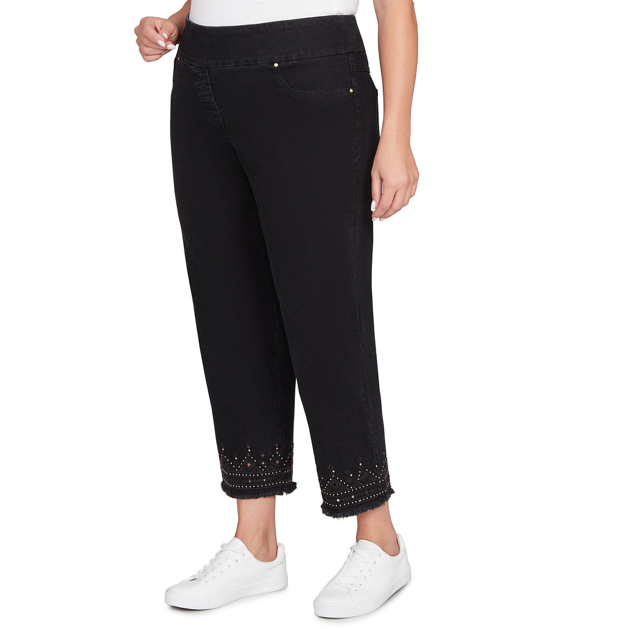 Plus Women's Pull On Embroidered Hem Black Ankle Jeans | Ruby Rd.