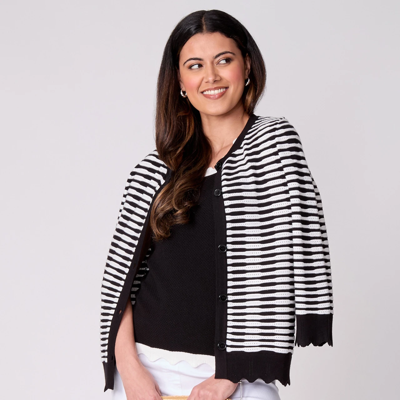 Women's Scallop Trim Striped Button Cardigan | Ruby Rd.