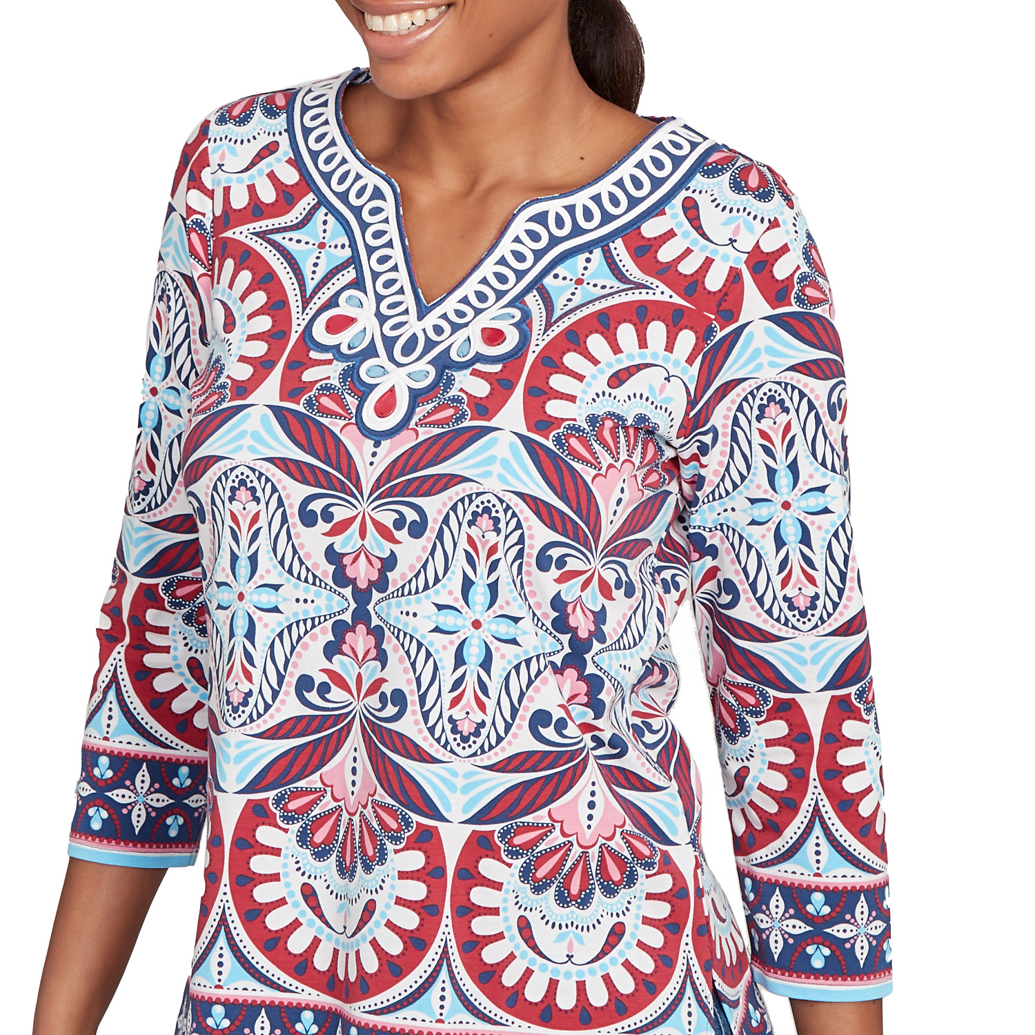 Women's Embellished Geo Border Knit Top | Ruby Rd.