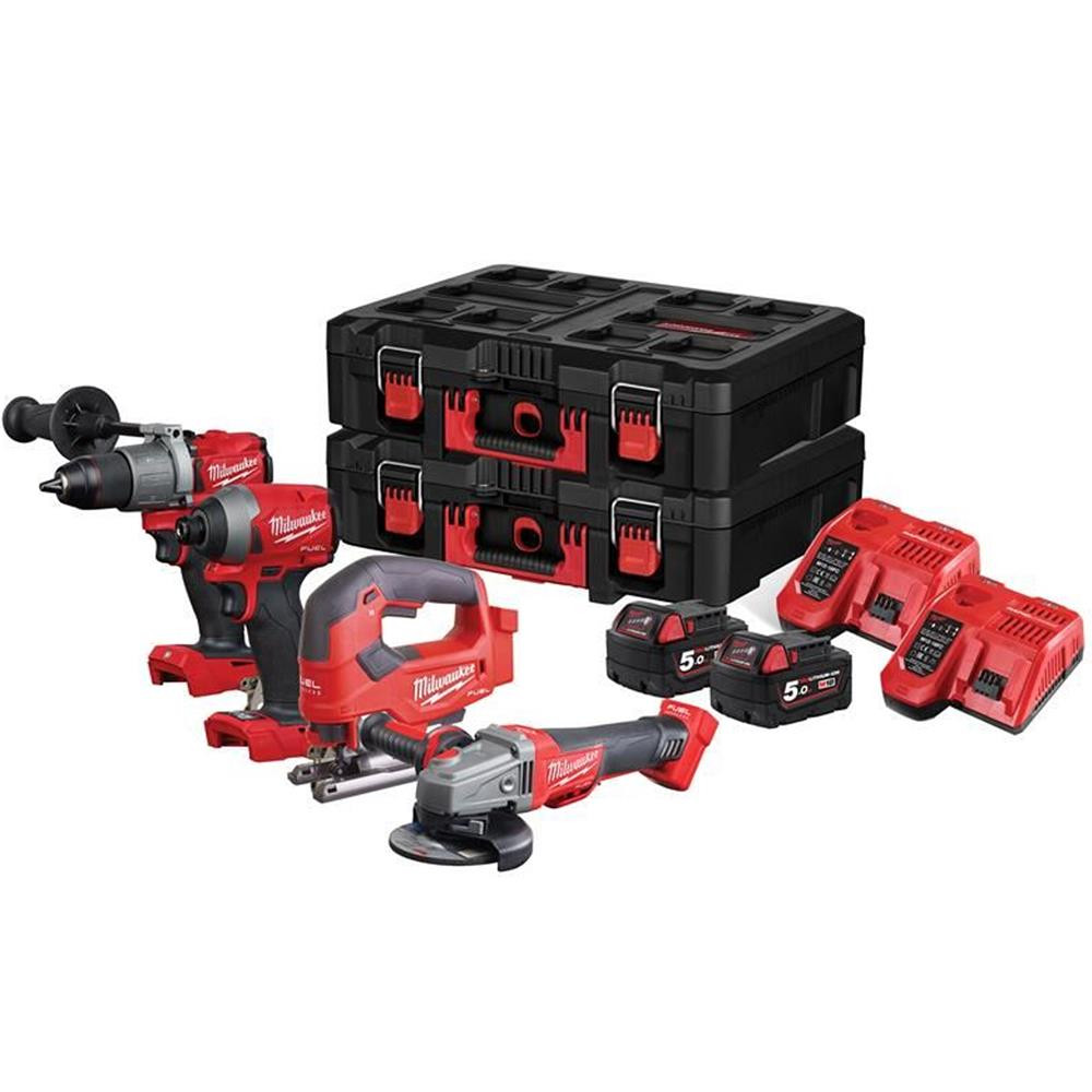 18v M18 FUEL 4 Piece Kit with 2 x 5Ah Batteries, 2 x Chargers and 2 x ...
