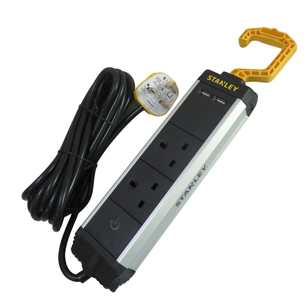 Stanley 2 Socket Power-Bar 2x13A 2xUSB 5m Inc Hanging Hook | ITS.co.uk|