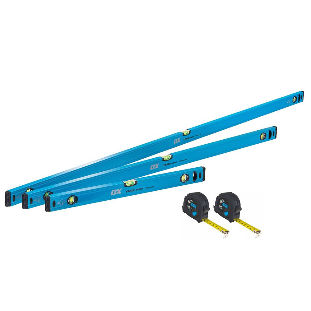 Trade 3 Piece Level Set 600mm, 1200mm & 1800mm with 5m/8m Tapes - ITS