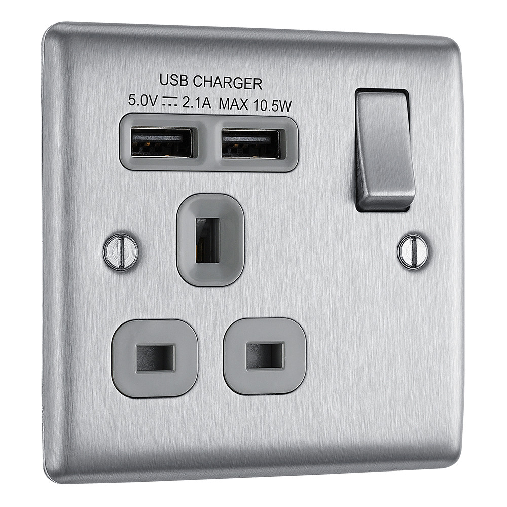 BG Electrical Nexus Metal 13A 1-Gang SP Switched Socket with 2 USB A ...