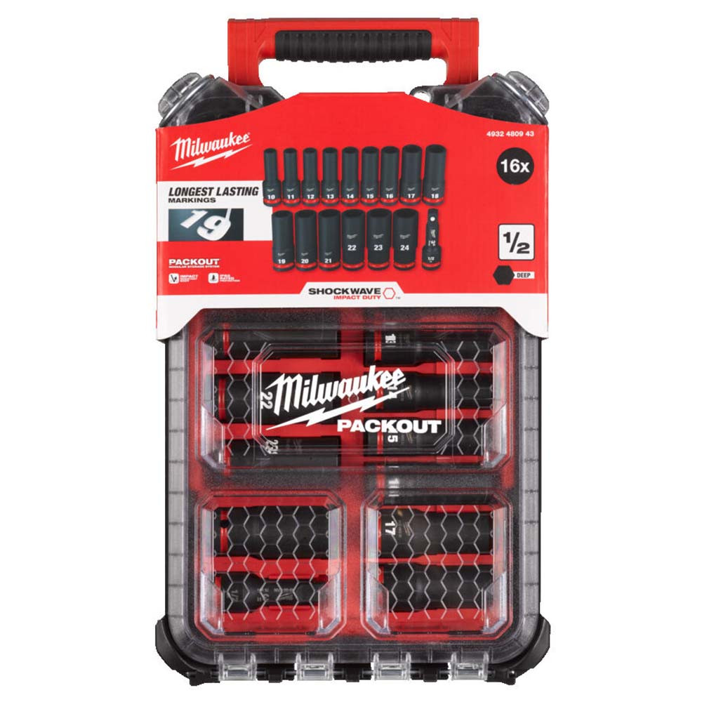 Milwaukee 16 Piece 1/2" Sq. SHOCKWAVE Deep Impact Socket Set in PACKOUT ...