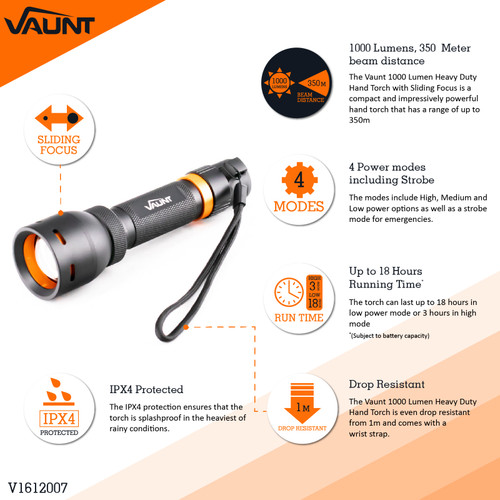 Vaunt 1000 Lumen Heavy Duty Sliding Focus Hand Torch | Vaunt Torches ...