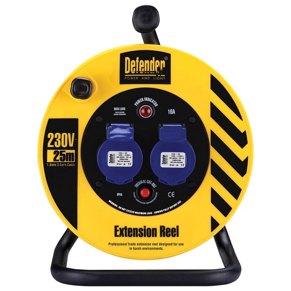 Defender 240V 25m 2 Socket 16A Light Industrial Cable Reel - ITS