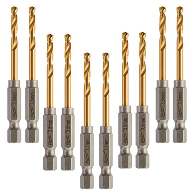 Milwaukee SHOCKWAVE Red Hex 3.5mm HSS TiN Metal Drill Bit - Pack of 10 ...