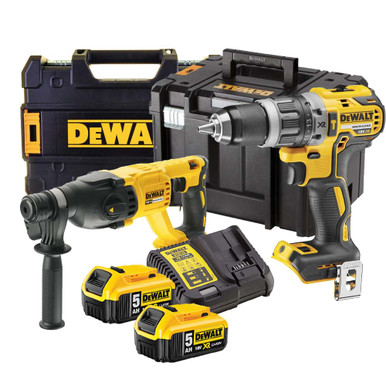 Dewalt DCD796 18V XR Brushless Combi Drill, DCH133 18V XR SDS+ Hammer Drill, 2x 5.0Ah Batteries ...