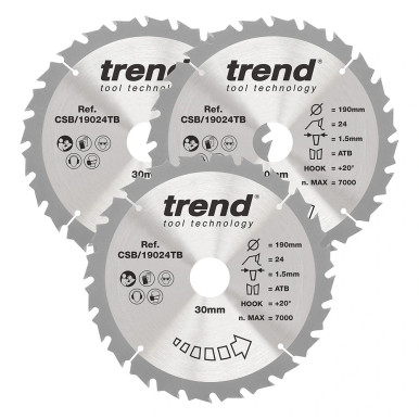 Trend 190mm x 30mm 24T Circular Saw Wood Blades - Pack of 3 - ITS