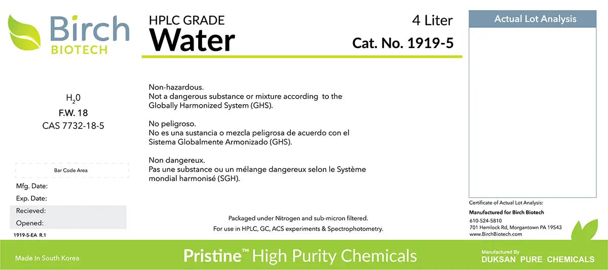 Water HPLC 4.0 L CASE OF 4 x 4L - KTEC Equipment and Supplies