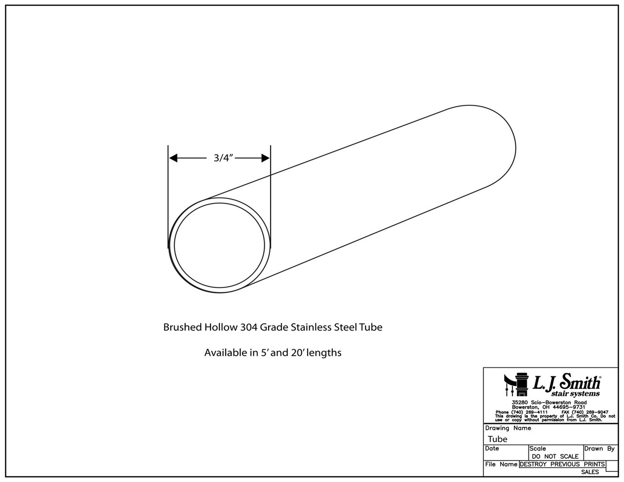 TUBE-005-SS - 5' Length 3/4" Hollow 304 Grade Stainless Steel Tube
