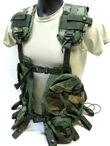 MILITARY WOODLAND CAMO TACTICAL LOAD BEARING VEST LBE LCE CHEST RIG ...