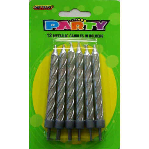 12 Metallic Candles In Holders - Silver | Discount Party Warehouse