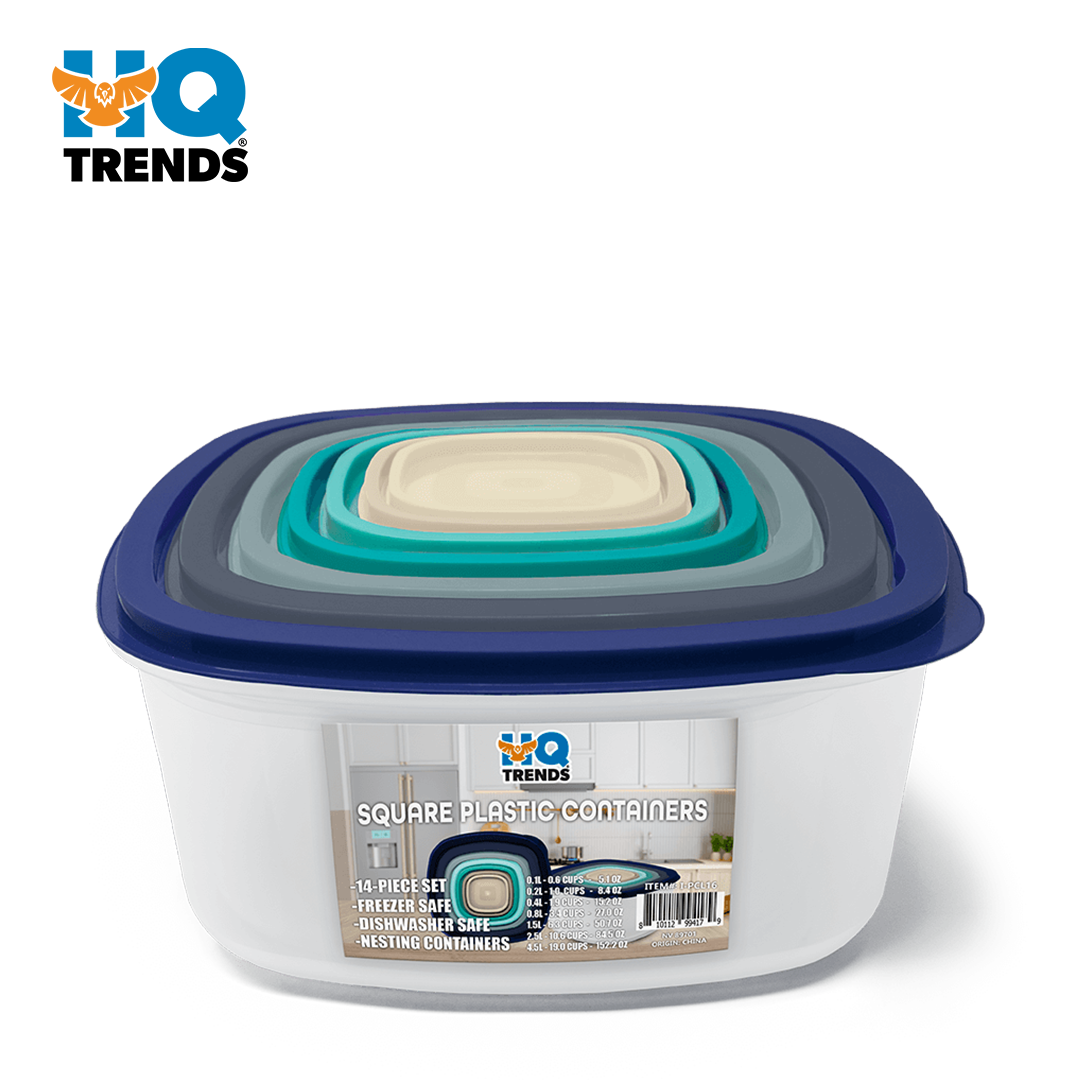 Square Blue Plastic Containers, 7-pc Set Assorted Sizes