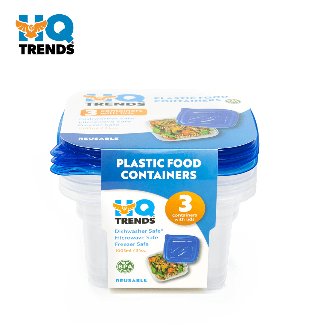 Square Plastic Containers with Blue Lid 3-pc Set – 34oz/1005ml