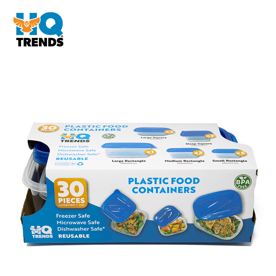 Plastic Containers with Blue Lid 30-pc Set, Assorted Sizes Case.