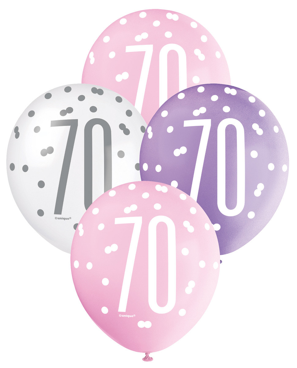 "70" Pink, Purple & White Assorted 30cm Balloons 6pk