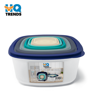 Square Blue Plastic Containers, 7-pc Set Assorted Sizes