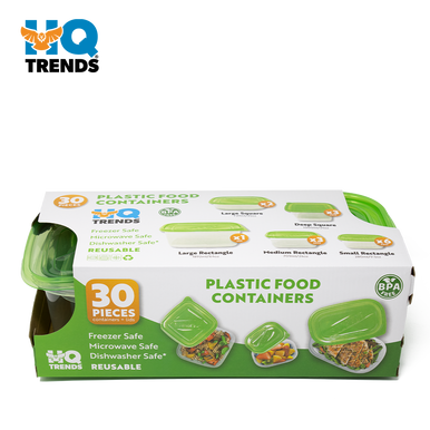 Plastic Containers with Green Lid 30-pc Set, Assorted Sizes Case