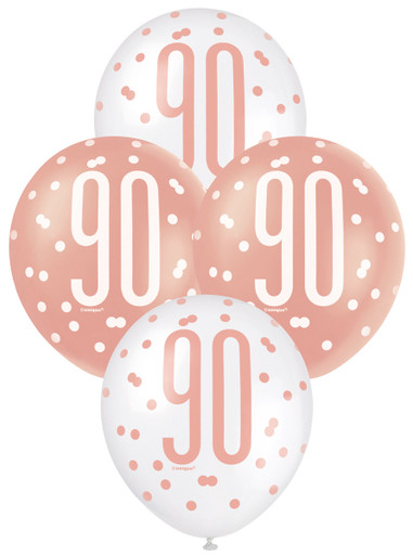 "90" Rose Gold & White Assorted 30cm Balloons 6pk