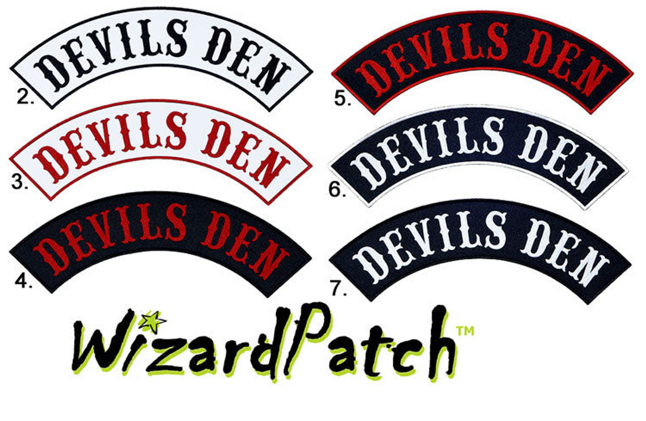 DEVILS DEN TOP ROCKER PATCH FULL SIZE IN IFC RAILROAD LETTERING