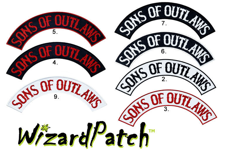 SONS OF OUTLAWS™ TOP ROCKER PATCH FULL SIZE IN BOSOX FONT.