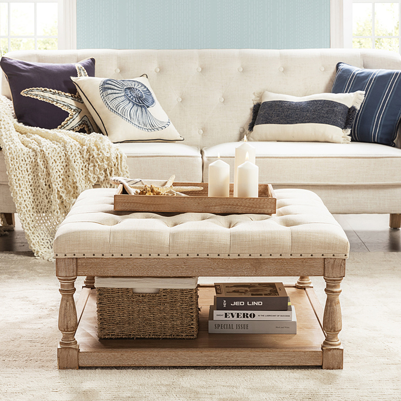 Tufted ottoman with nailhead trim store
