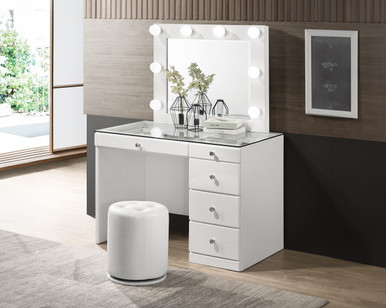 Morgan - Vanity Desk With Glass Top, LED Luxo Mirror & Stool - White ...
