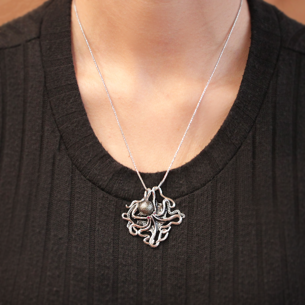 Sterling Silver, Ruby & Tahitian Pearl Hanging Octopus Necklace - Large ...
