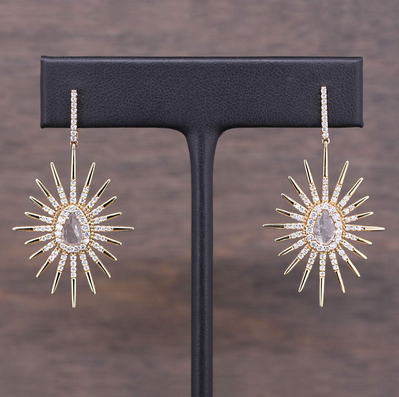14k Yellow Gold Rose Cut Diamond Sunburst Earrings
