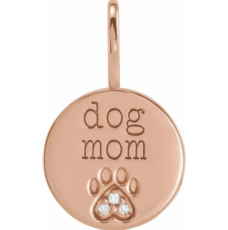 14K Yellow .01 CTW Natural Diamond Engraved Dog Mom Paw Print Charm/Pendant