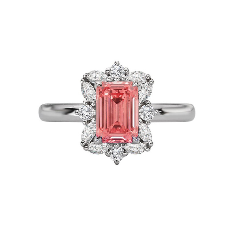 14KW Pink Emerald Cut Diamond Halo Engagement Ring