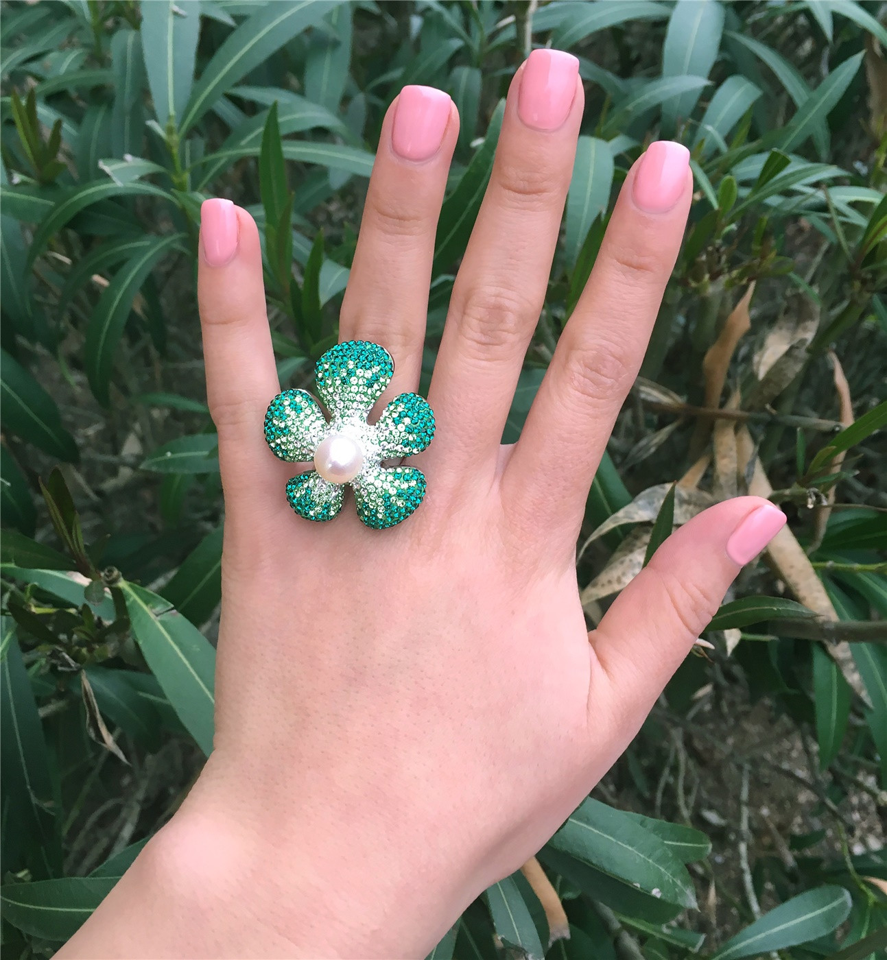 Light Pink Swarovski Crystal & Pearl Sterling Silver Flower Ring