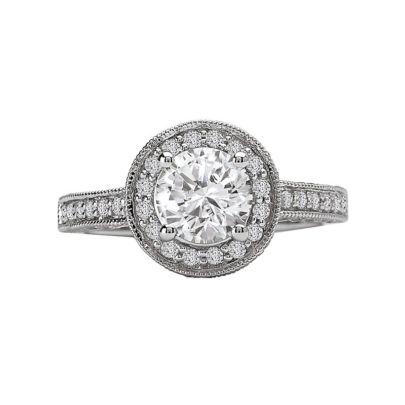 Vintage Style Diamond Engagement Ring - 18K White Gold - Milgrain