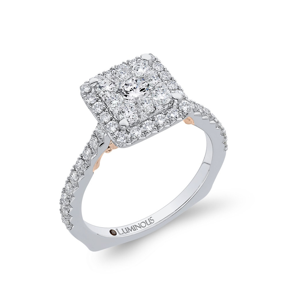 14K White Gold and Diamond Square Shape Cluster Engagement Ring