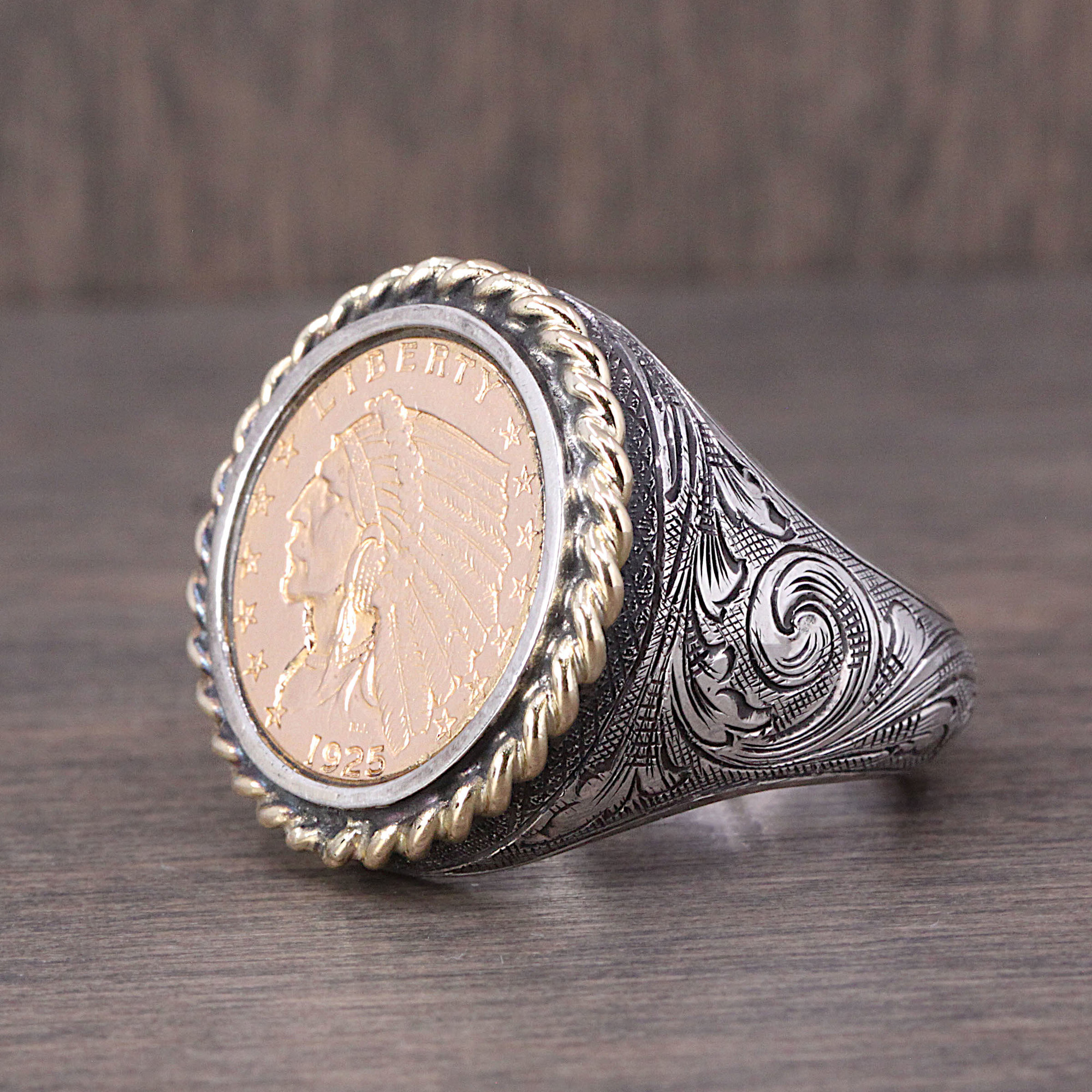 Unique Sterling Silver Hand Engraved Coin Ring with a U.S. $2.50 Indian ...