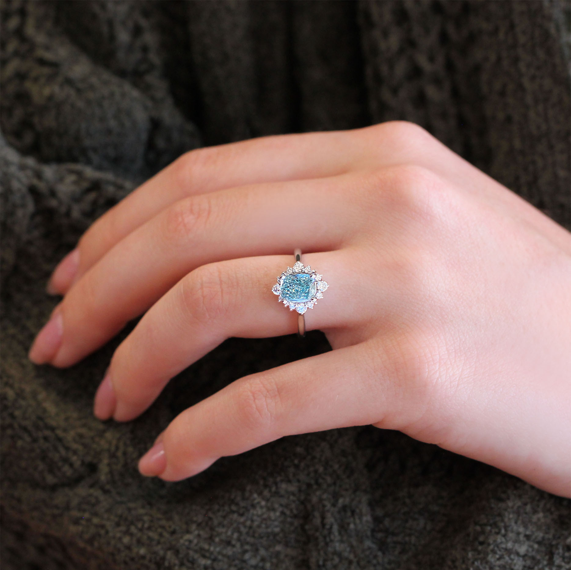 Stunning 14K White Gold and Fancy Intense Blue Cushion Cut Diamond Halo ...