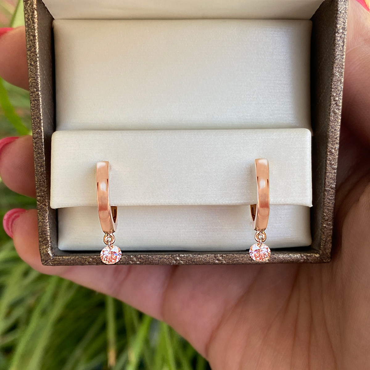 Pink Dancing Diamond Hoops set in 14K Rose Gold