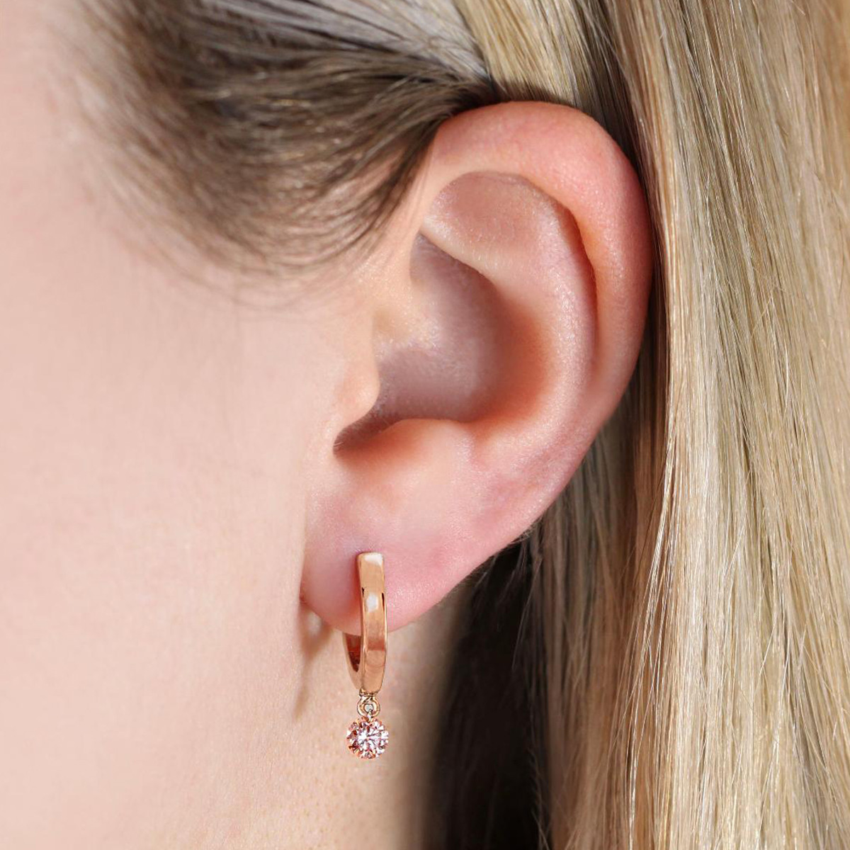 Pink Dancing Diamond Hoops set in 14K Rose Gold