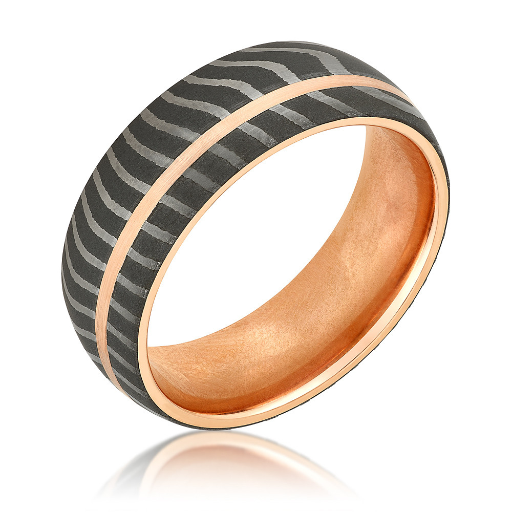 Tiger Pattern Damascus Steel & 14K Rose Gold Wedding Band by Lashbrook